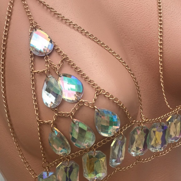 Tops | Iridescent Rave Bikini Crystal Gold Chain Bra Top | Poshmark